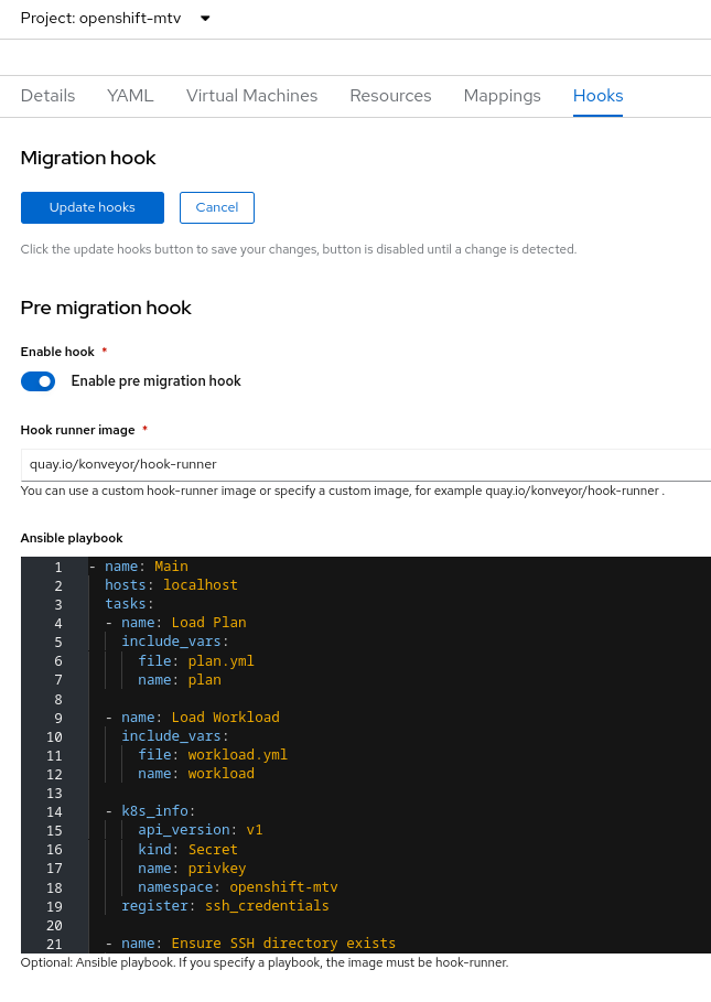 Using migration hooks in migration toolkit for virtualization